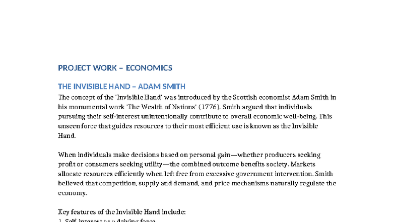 PROJECT WORK: The Invisible Hand by Adam Smith in Economics - Studocu