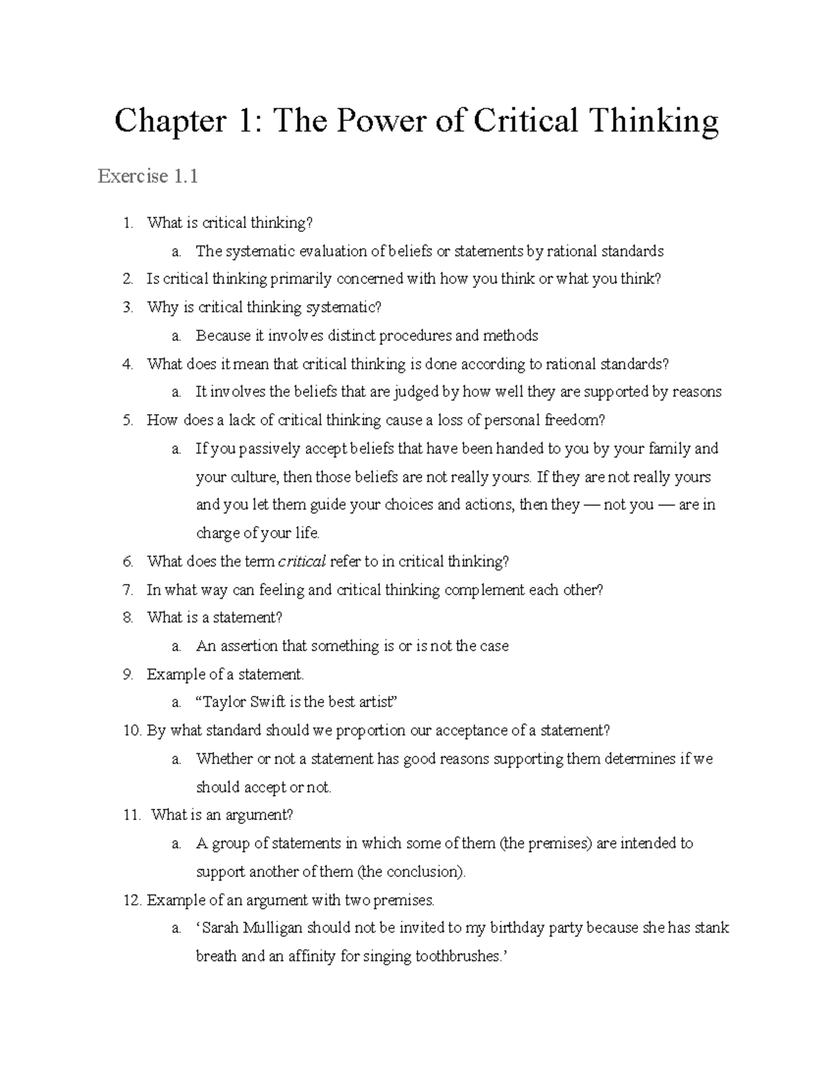 Critical Thinking: Textbook Questions & Exercises for Chapter 1-2 - Studocu
