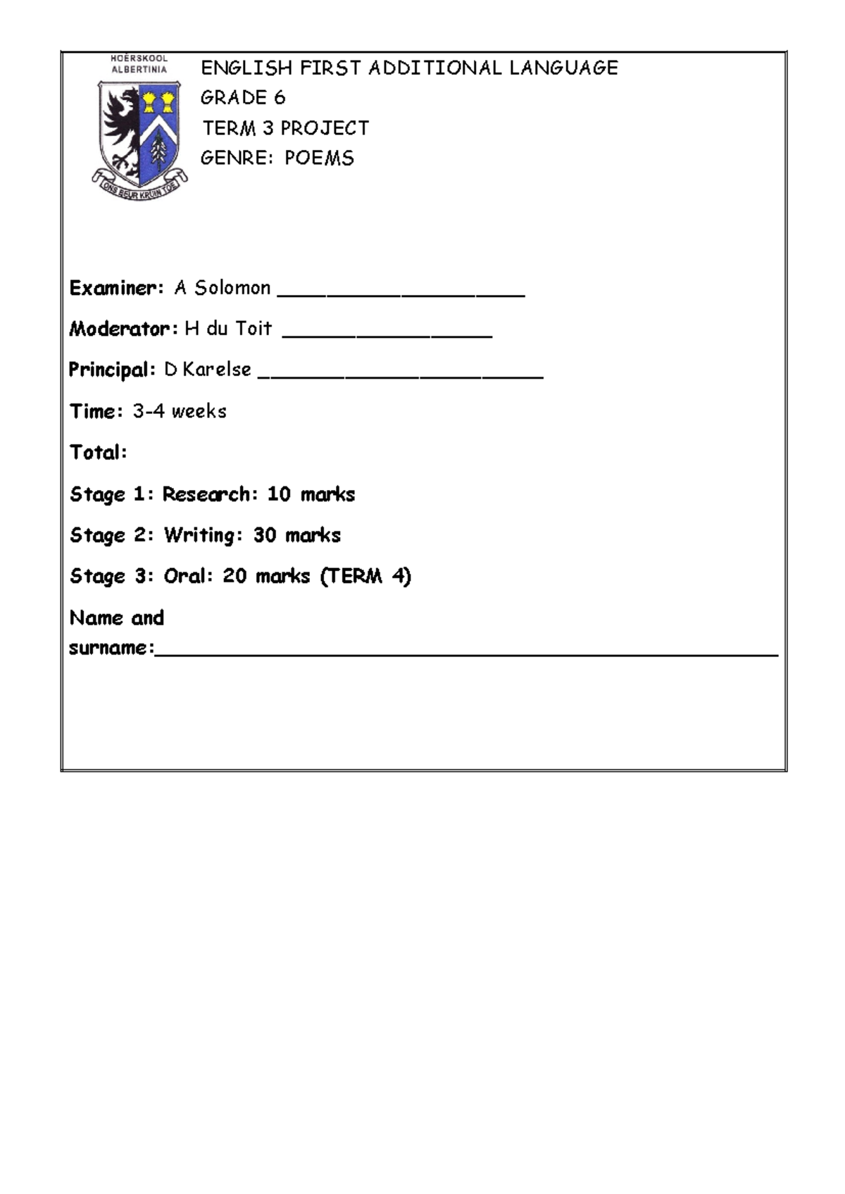 Grade 6 CWP Term 3 - Creative Writing Project: Poems & Oral ...