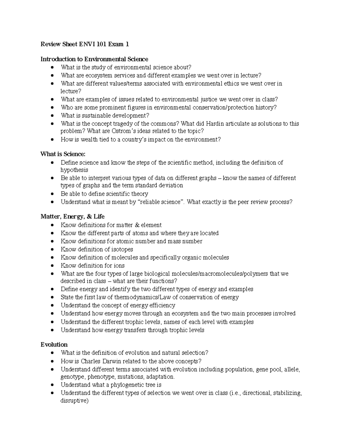 ENVI 101 Review Sheet: Exam 1 - Intro to Environmental Science - Studocu
