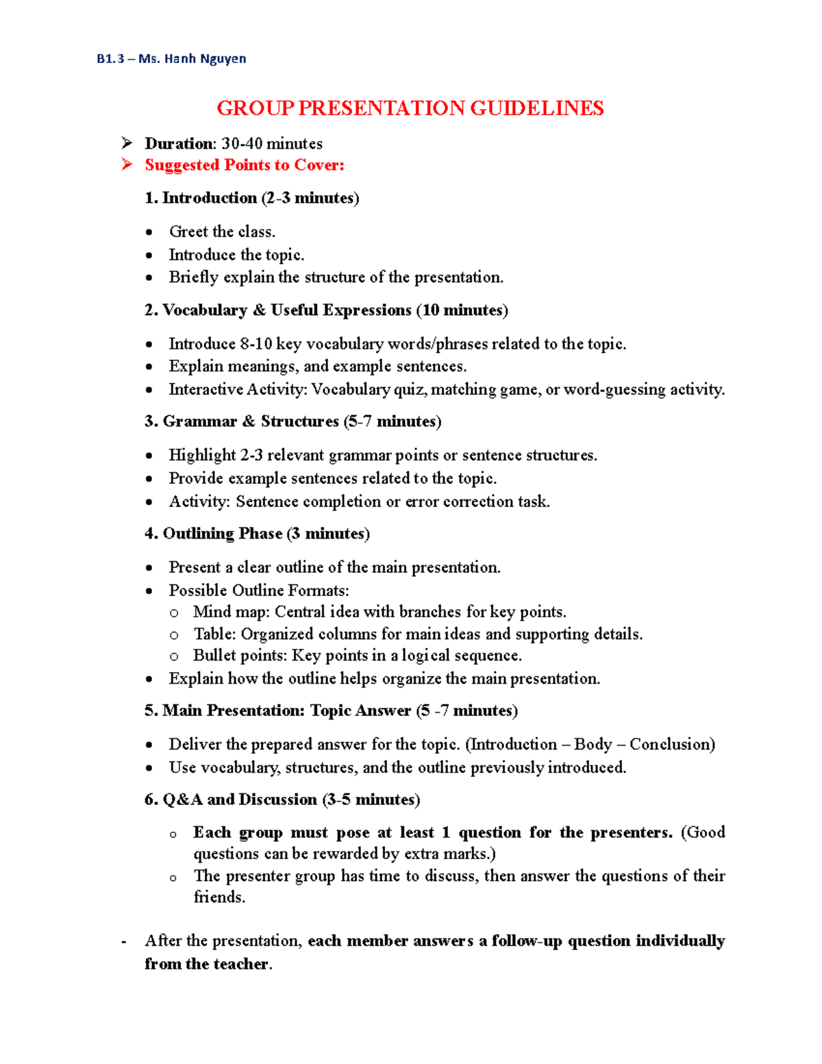 B1.3 Group Presentation Guidelines - B1. 3 – Ms. Hanh Nguyen GROUP ...