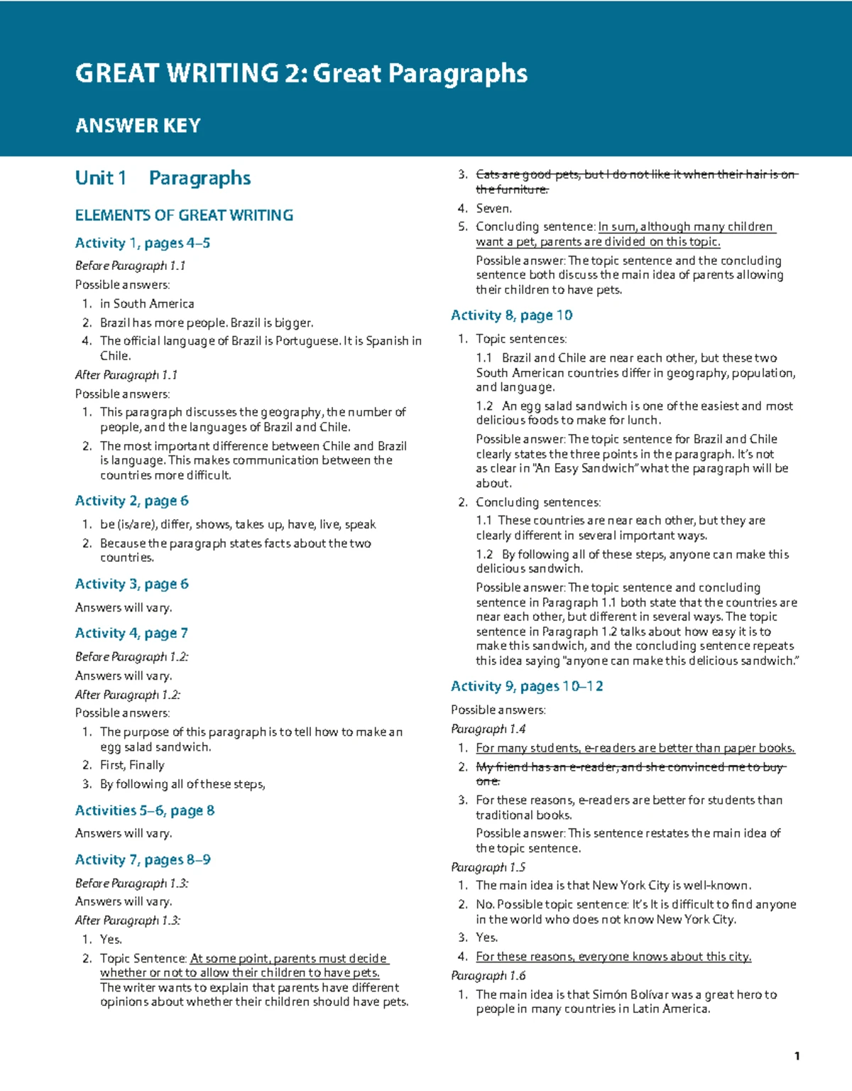 Great writing 1 (4ed) answer key - 1 Great Writing 1: Great Sentences ...