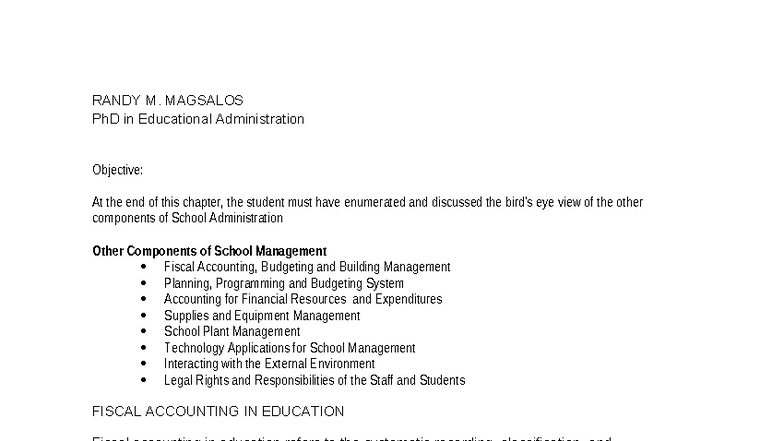 Other Components of School Administration: Insights and Practices - Studocu
