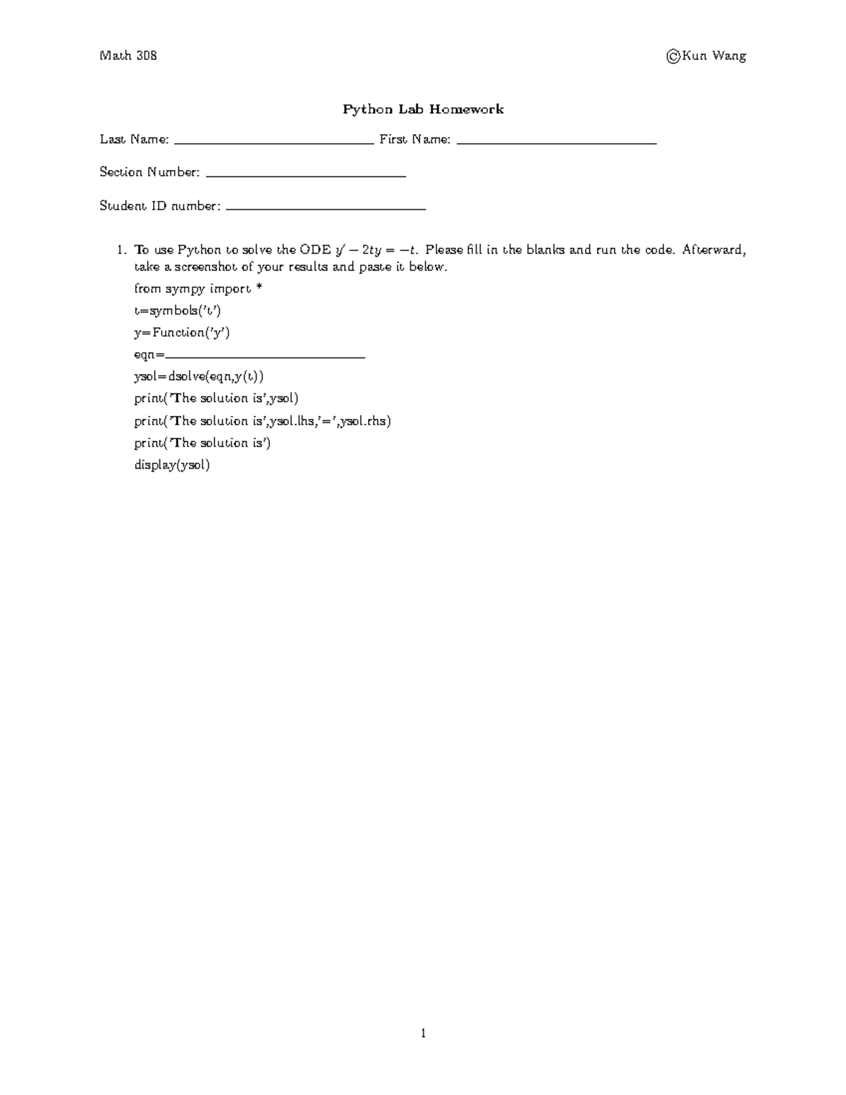 Python Assignment 1 - Python Lab Homework Last Name: First Name ...
