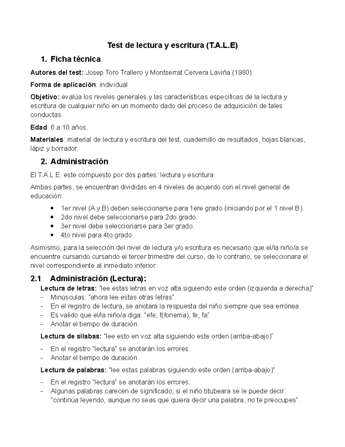 Manual del Test de Lectura y Escritura (T.A.L.E) 1: Ficha Técnica y ...
