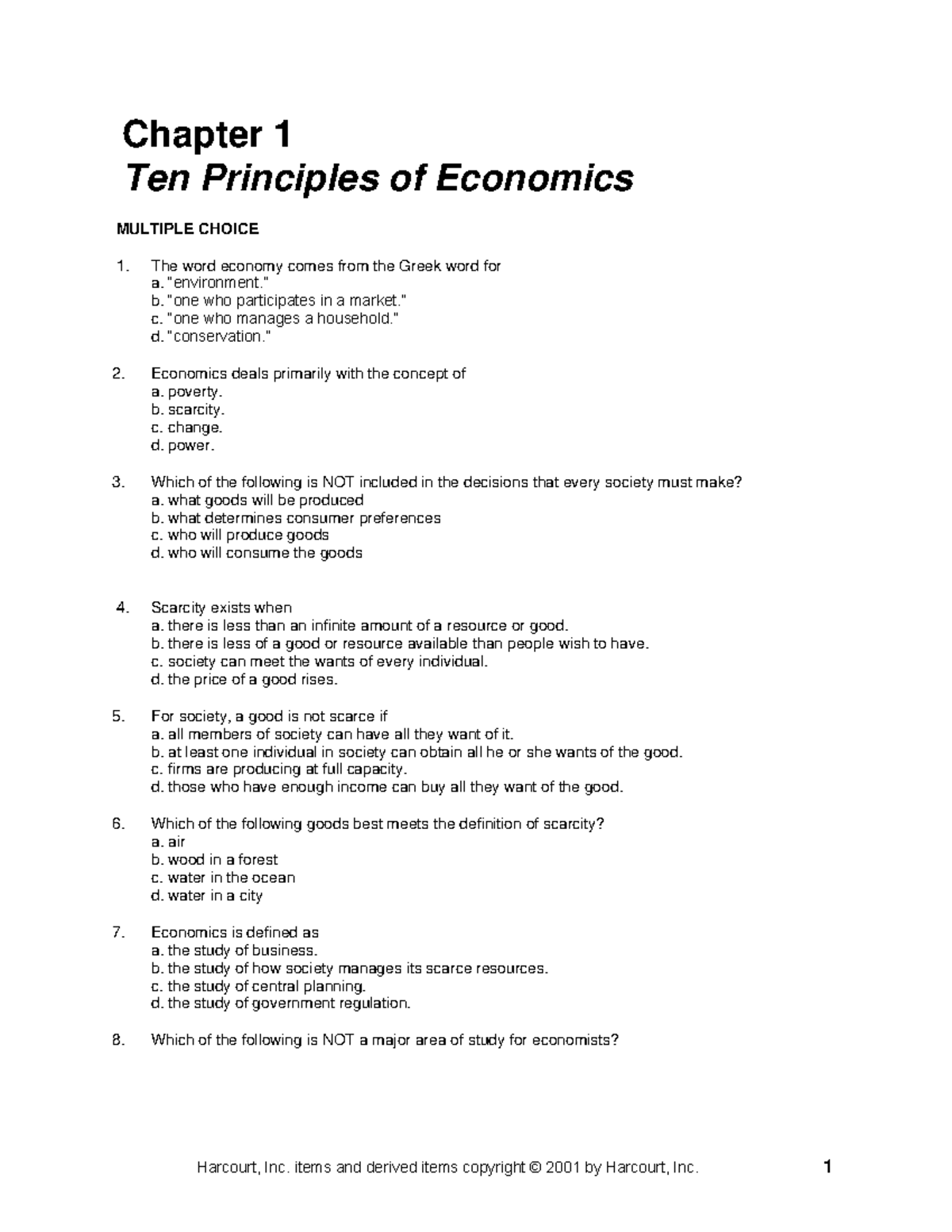 Microeconomics Chapter 1 Test Bank: Principles of Economics Questions ...