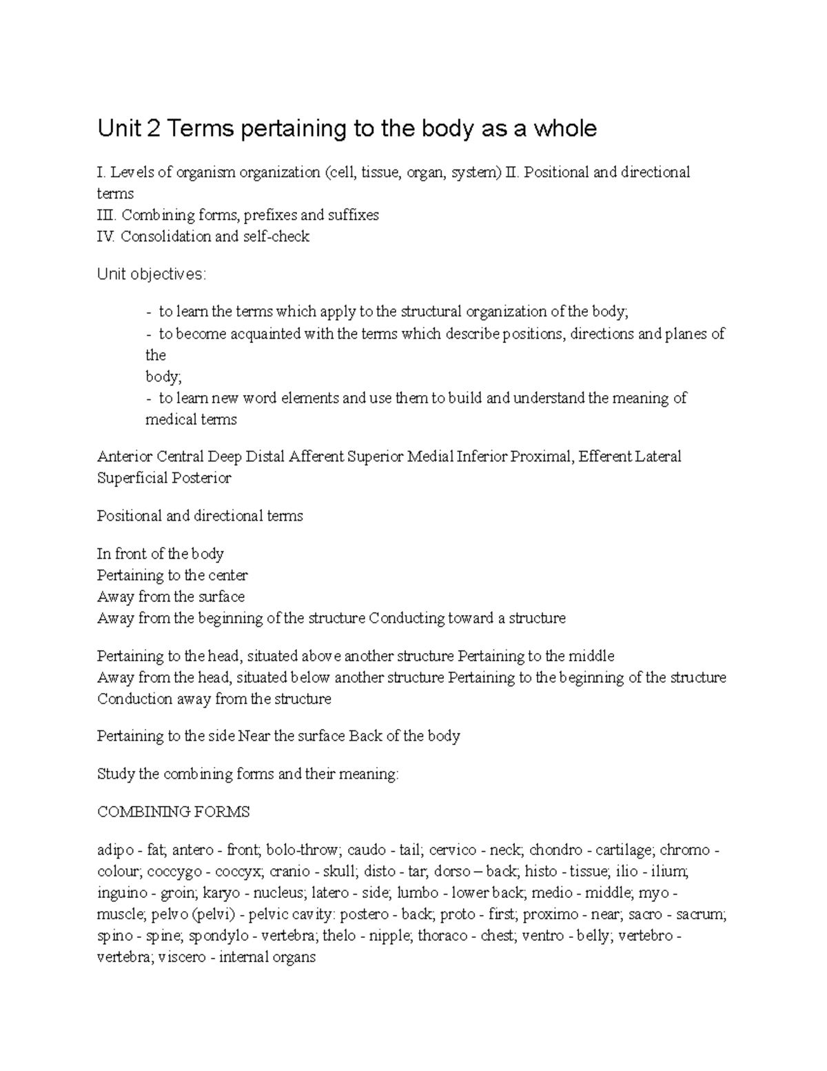 Medical Terminology Unit 2: Body Structure & Directional Terms - Studocu