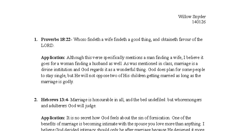 Biblical Insights on Marriage: A Study by Willow Snyder 140126 - Studocu
