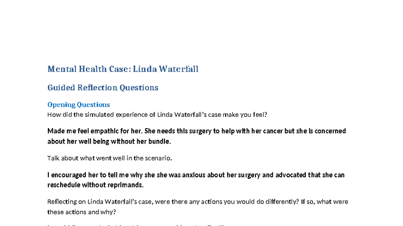 Mental Health Case Study: Linda Waterfall Reflection Questions - Studocu