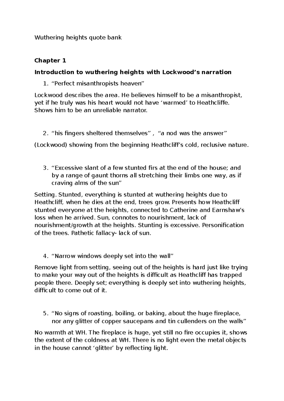 Wuthering Heights Quote Bank: Analysis of Chapters 1-8 Narration and ...
