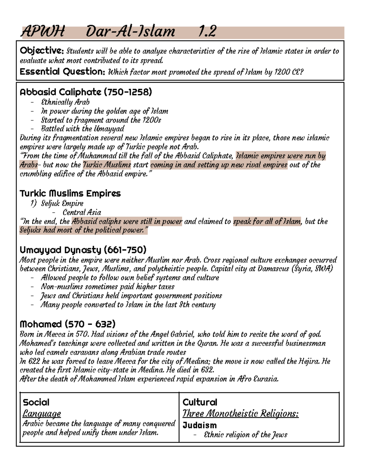 Development in Dar-Al-Islam - APWH Dar-Al-Islam 1. Objective: Students ...