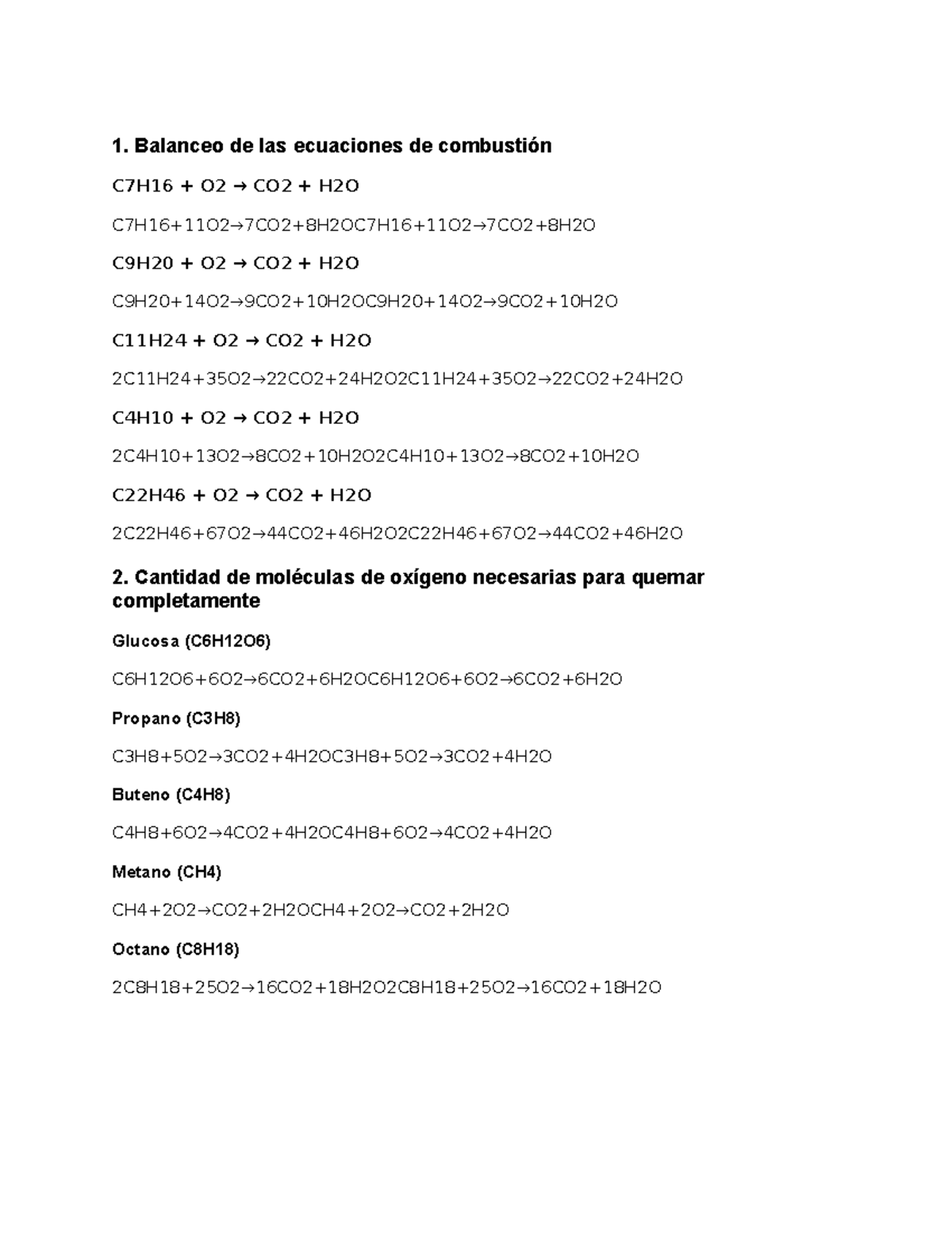 Balanceo - 1. Balanceo de las ecuaciones de combustión C7H16 + O2 → CO2 ...