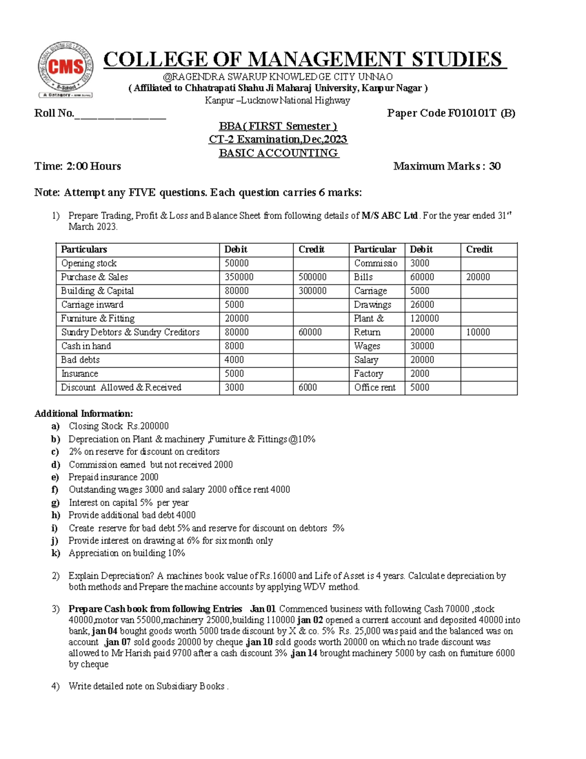 BBA F010101T First Sem Exam Dec 2023: Basic Accounting Notes - Studocu