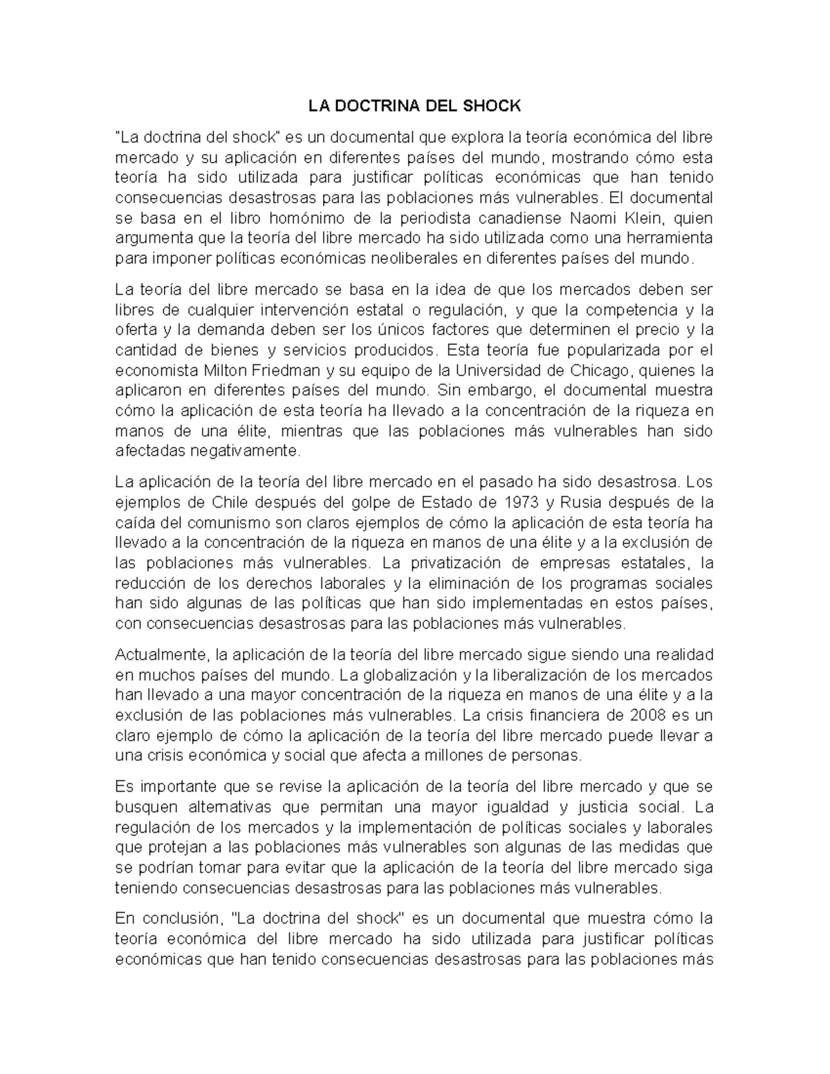 LA Doctrina DEL Shock - LA DOCTRINA DEL SHOCK “La doctrina del shock ...
