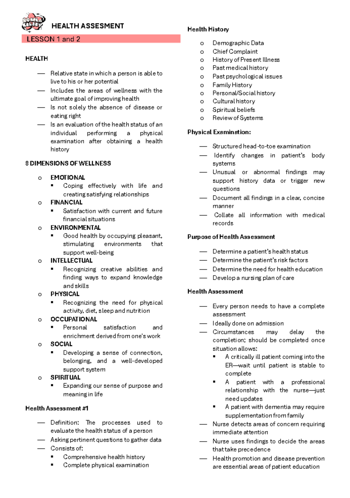 HEALTH ASSESSMENT LESSONS 1-6: Comprehensive Overview and Techniques ...
