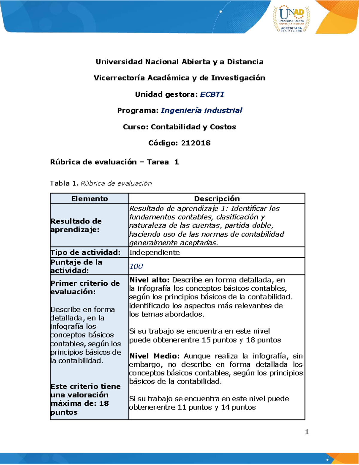 Rúbrica de Evaluación Tarea 1 - Contabilidad y Costos 212018 - Studocu