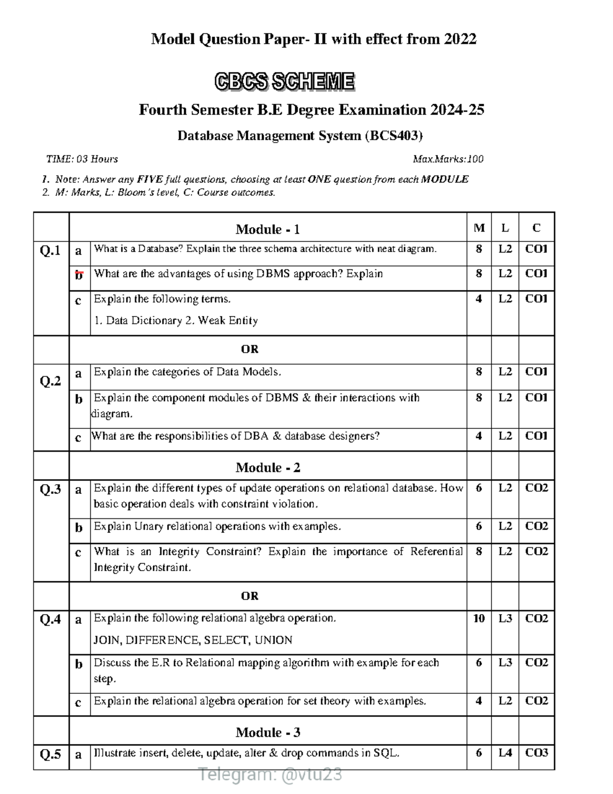 Model Question Paper II for BCS403: DBMS 2022 Exam Solutions - Studocu