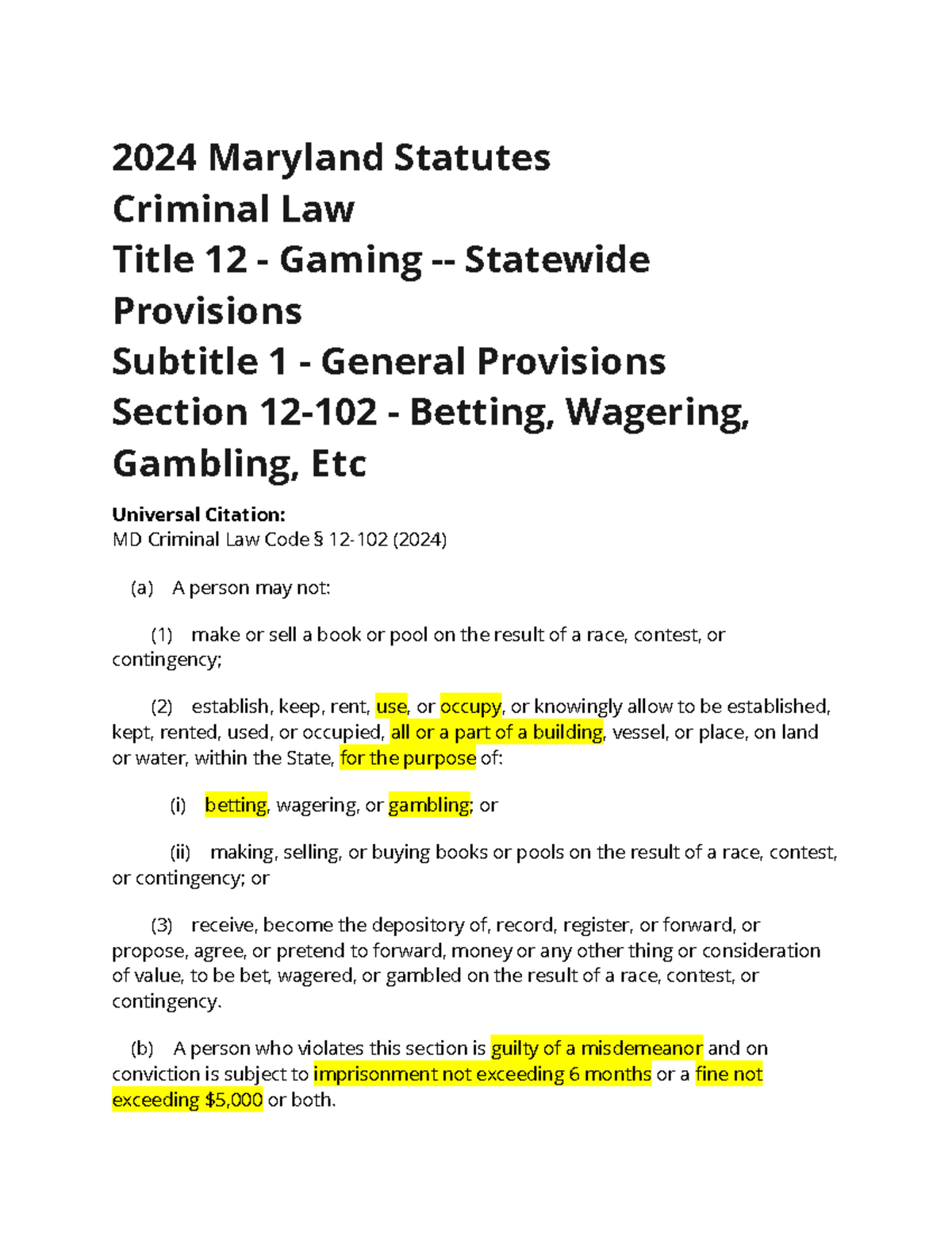 2024 MD Criminal Law: Title 12 Gaming Provisions Overview - Studocu