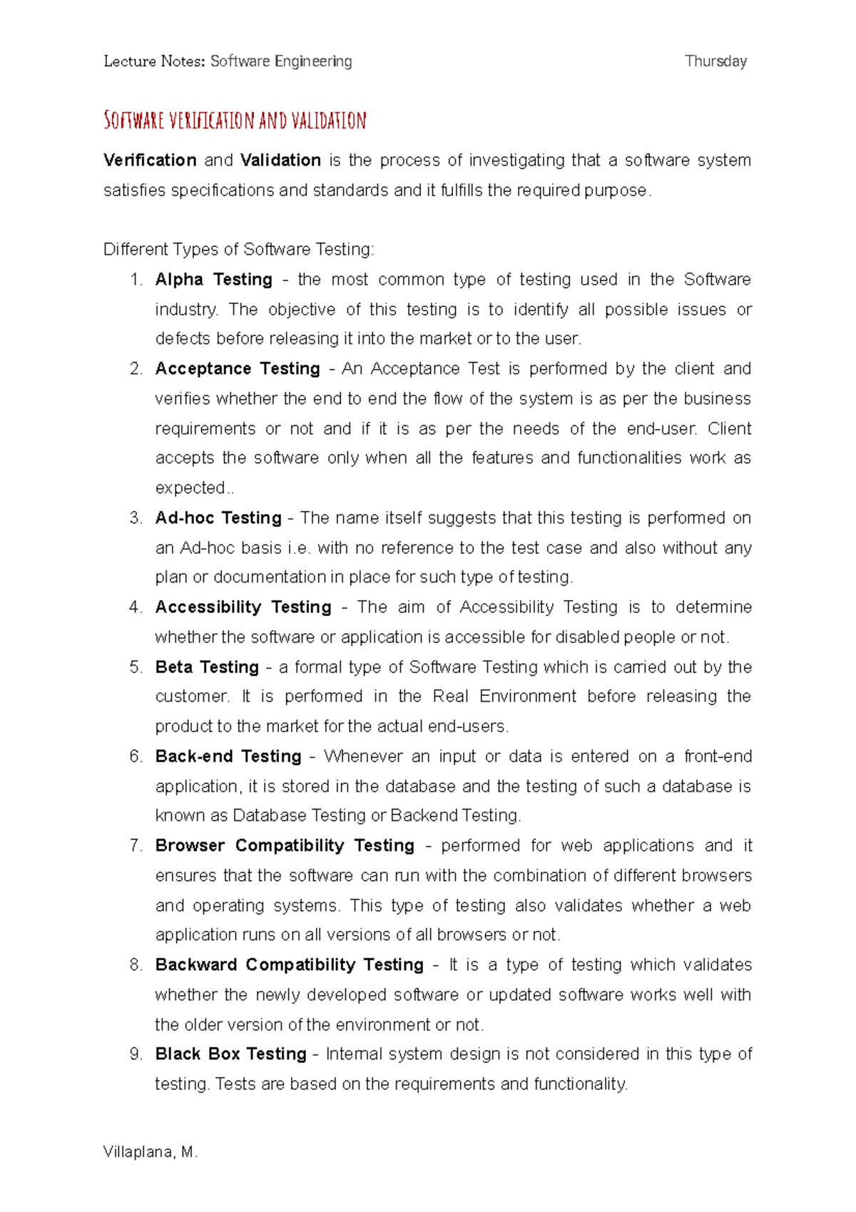 Different Types of Software Testing- Week7(Lecture Notes) - Software ...