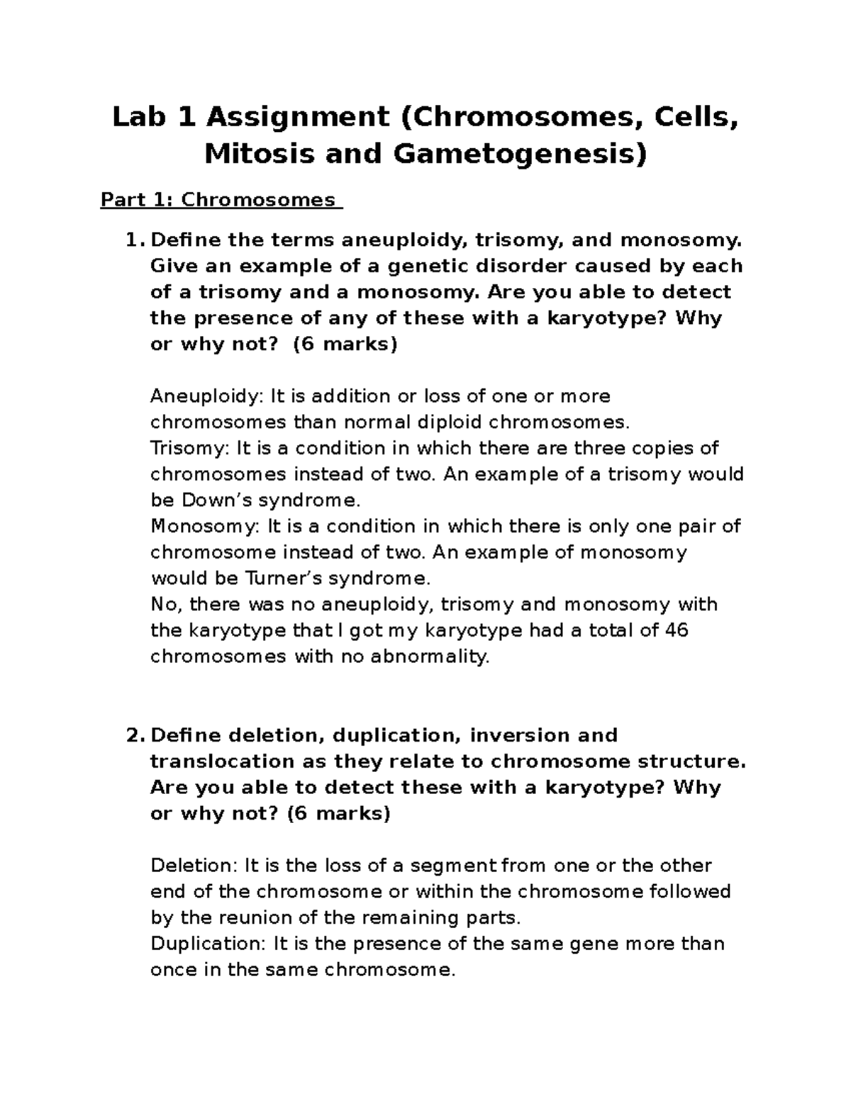 Lab 1 Assignment - Lab 1 Assignment (Chromosomes, Cells, Mitosis and ...