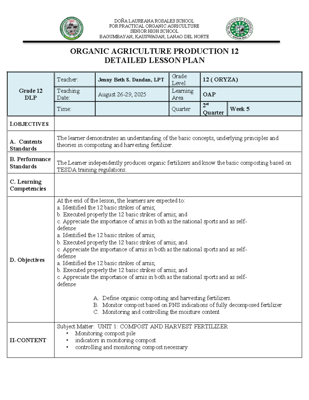 OAP 12 Detailed Lesson Plan: Composting & Fertilizer Harvesting - Studocu
