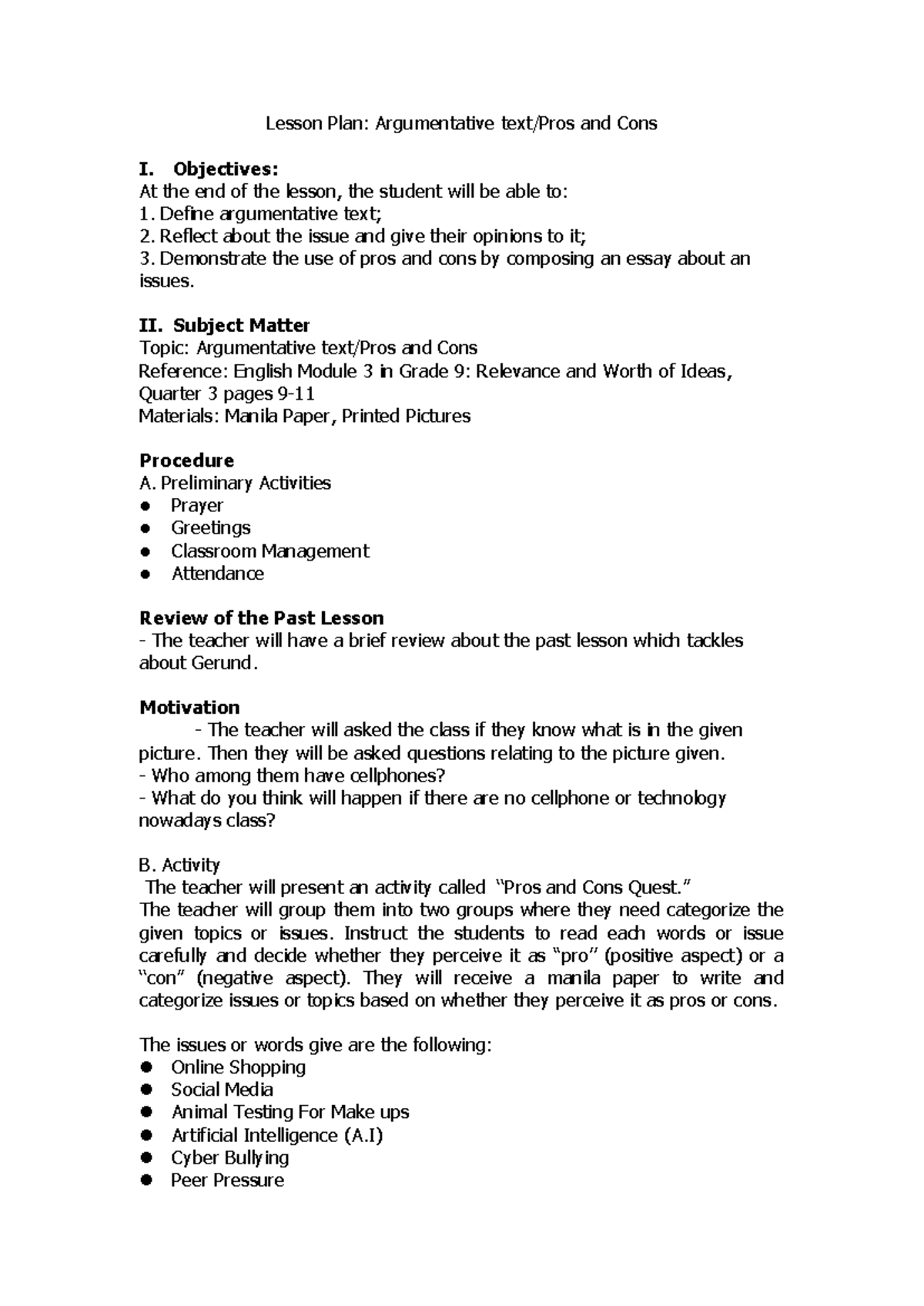 Argumentative TEST PROS CONS - Lesson Plan: Argumentative text/Pros and ...