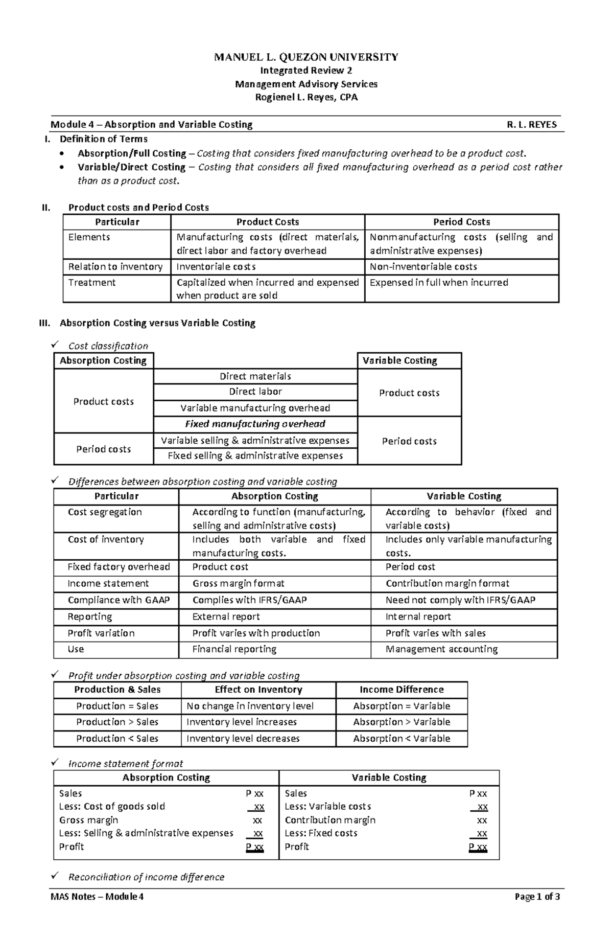 MAS Module 4: Notes on Absorption and Variable Costing - Studocu