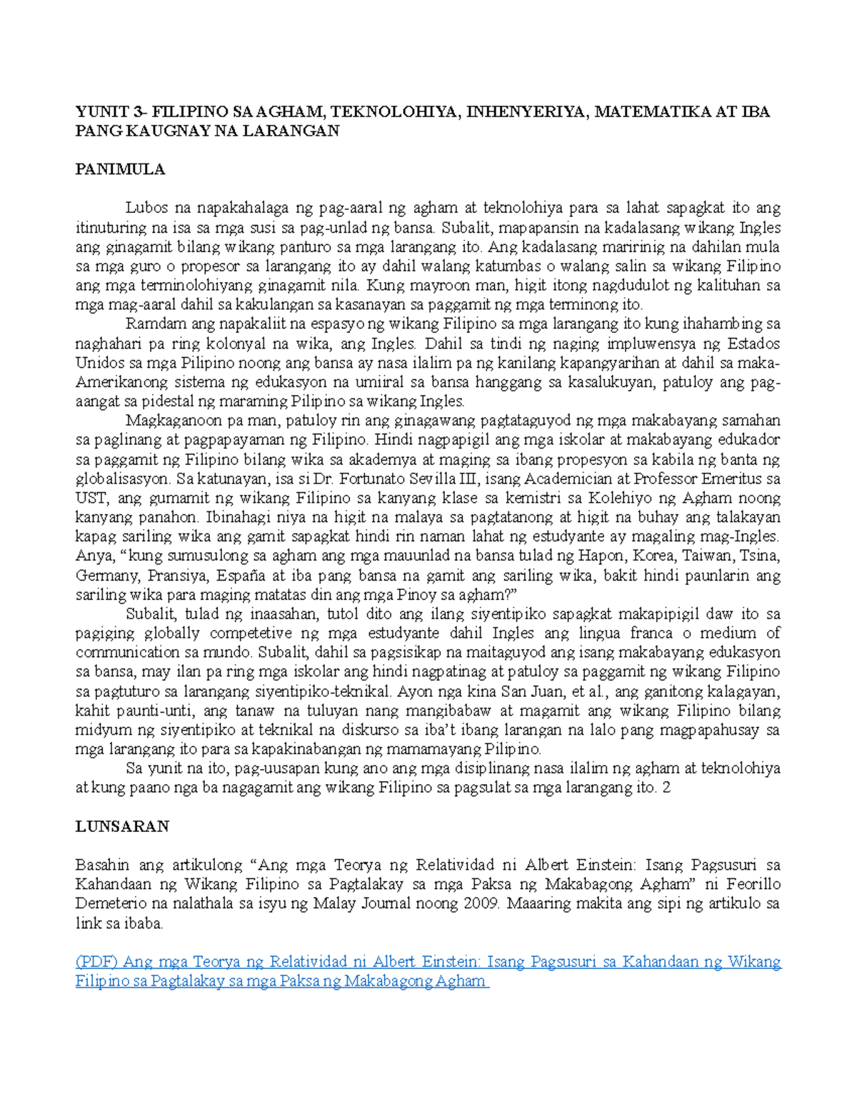 Module Yunit 3 Fili 102 - YUNIT 3- FILIPINO SA AGHAM, TEKNOLOHIYA ...