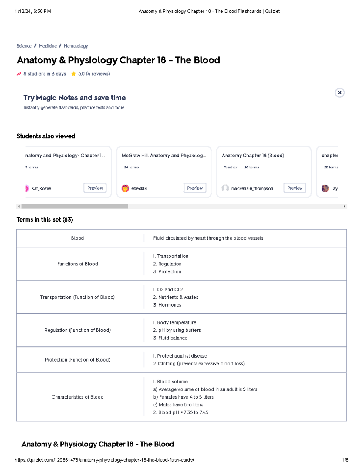 Anatomy & Physiology CH18: Comprehensive Blood Study Flashcards - Studocu