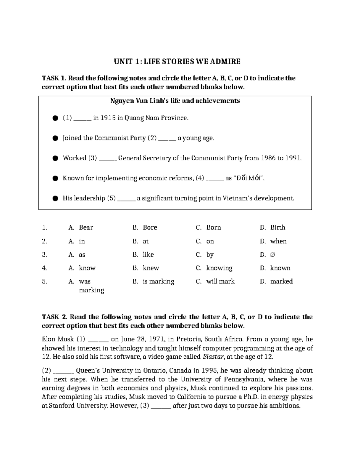 Unit 1 - Life Stories We Admire: Exercises & Answer Key - Studocu