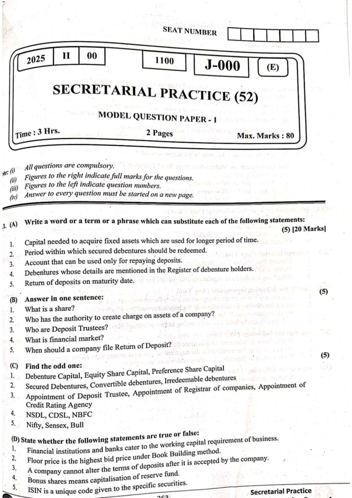 SP 2025 II 00 1100 Secretarial Practice Model Question Paper 1 - Studocu