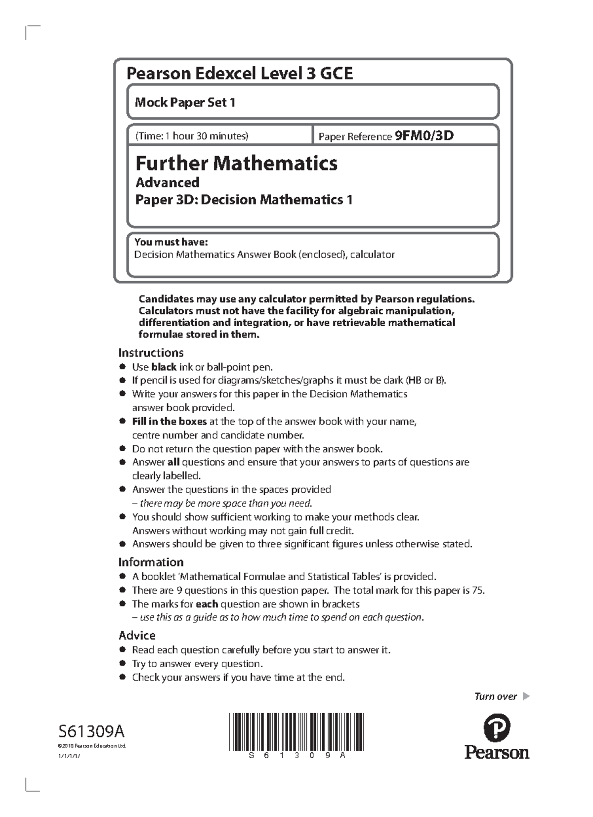 9FM0/3D Decision Mathematics 1 Mock Paper Set 1 - Practice Questions ...