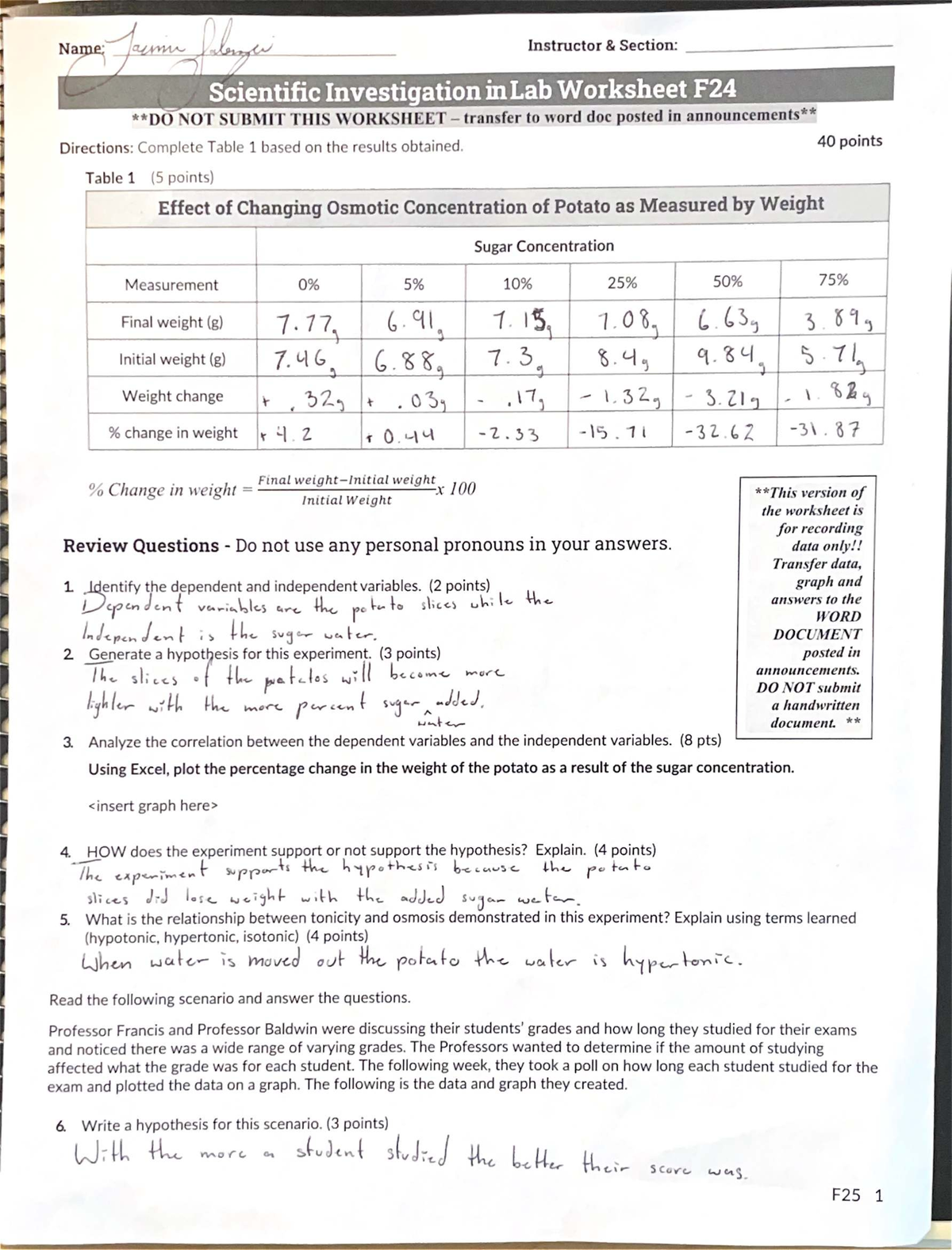 Scientific Investigation Lab Worksheet F24: Osmotic Concentration ...