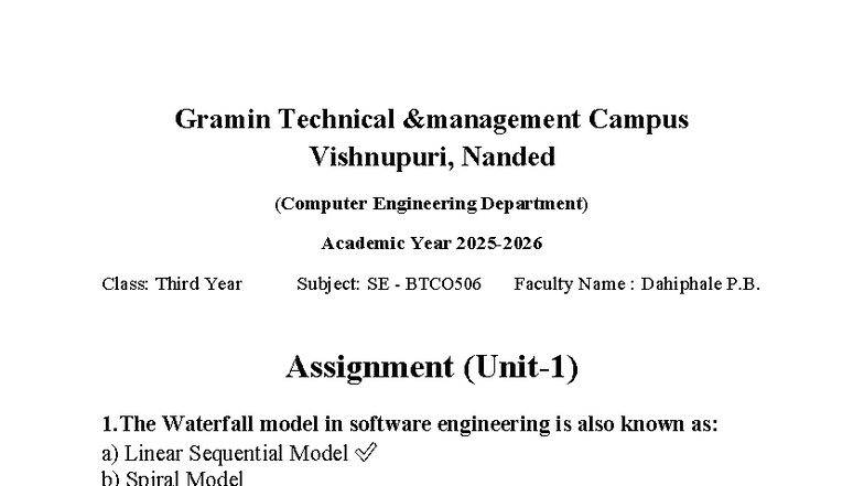 Assignment 1: Waterfall & Prototype Models in SE BTCO506 - Studocu