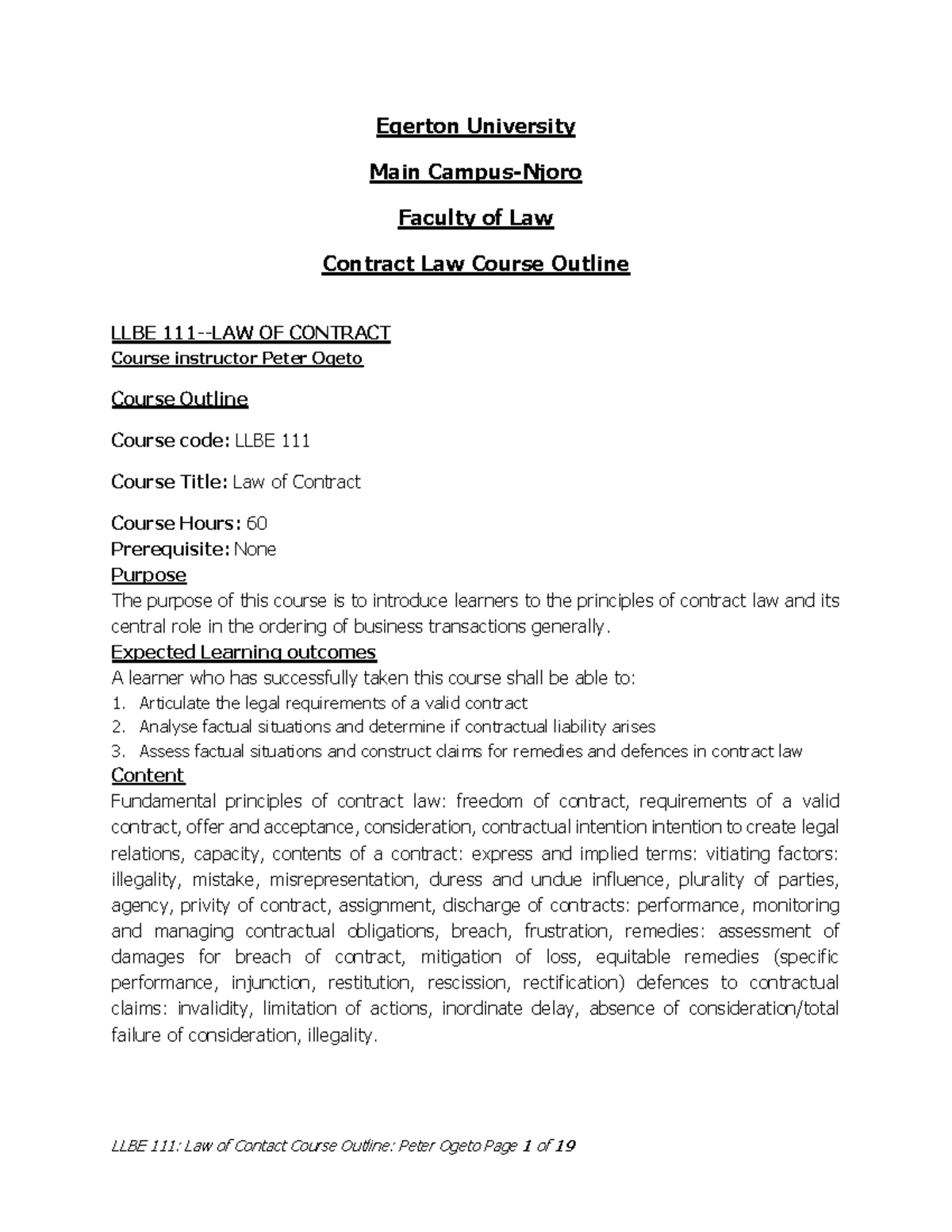 LLBE 111 - Law of Contract Course Outline by Peter Ogeto - Studocu