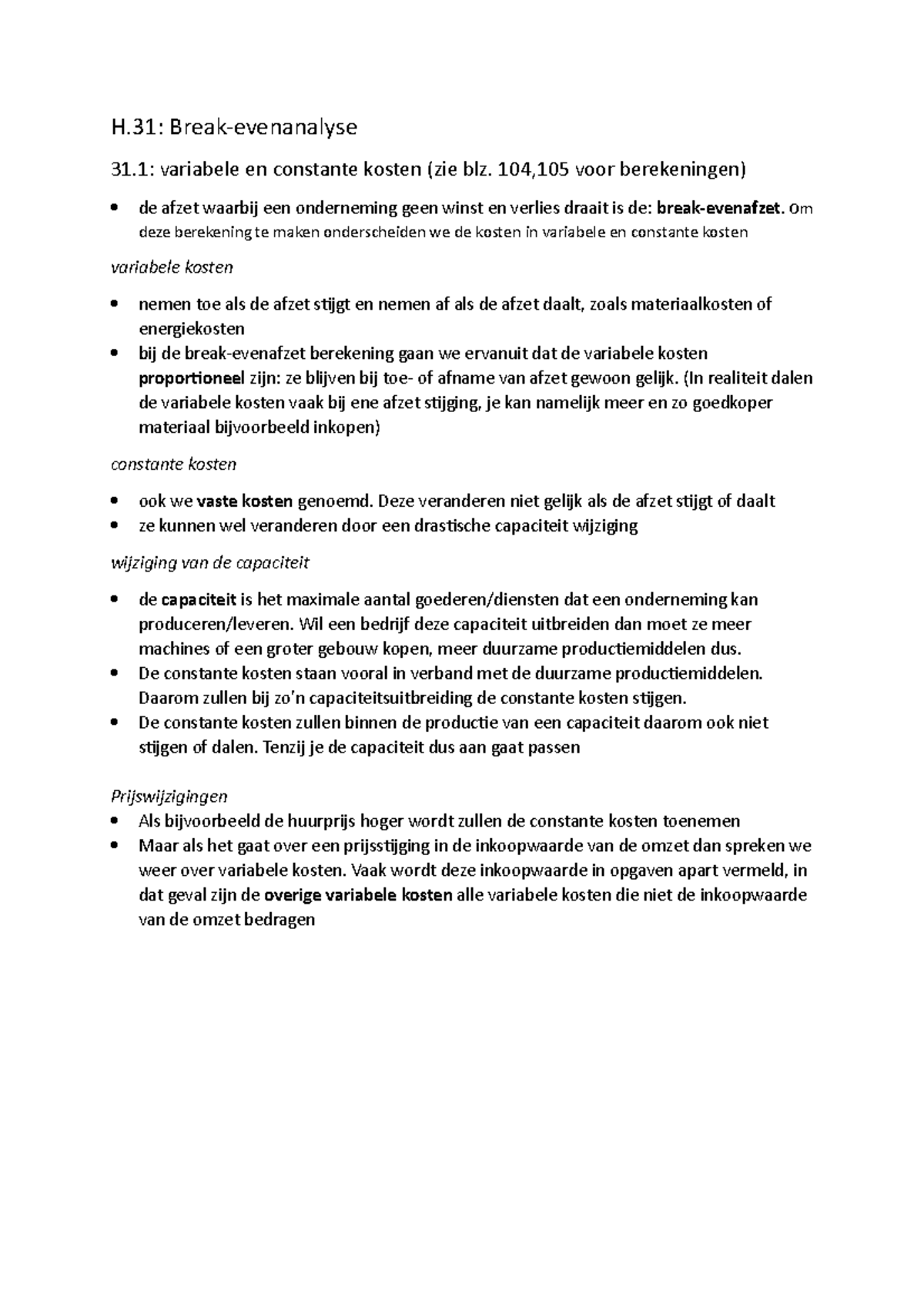 H. 31 BEco in Balans (ingestuurd op studeersnel) - H: Break-evenanalyse ...