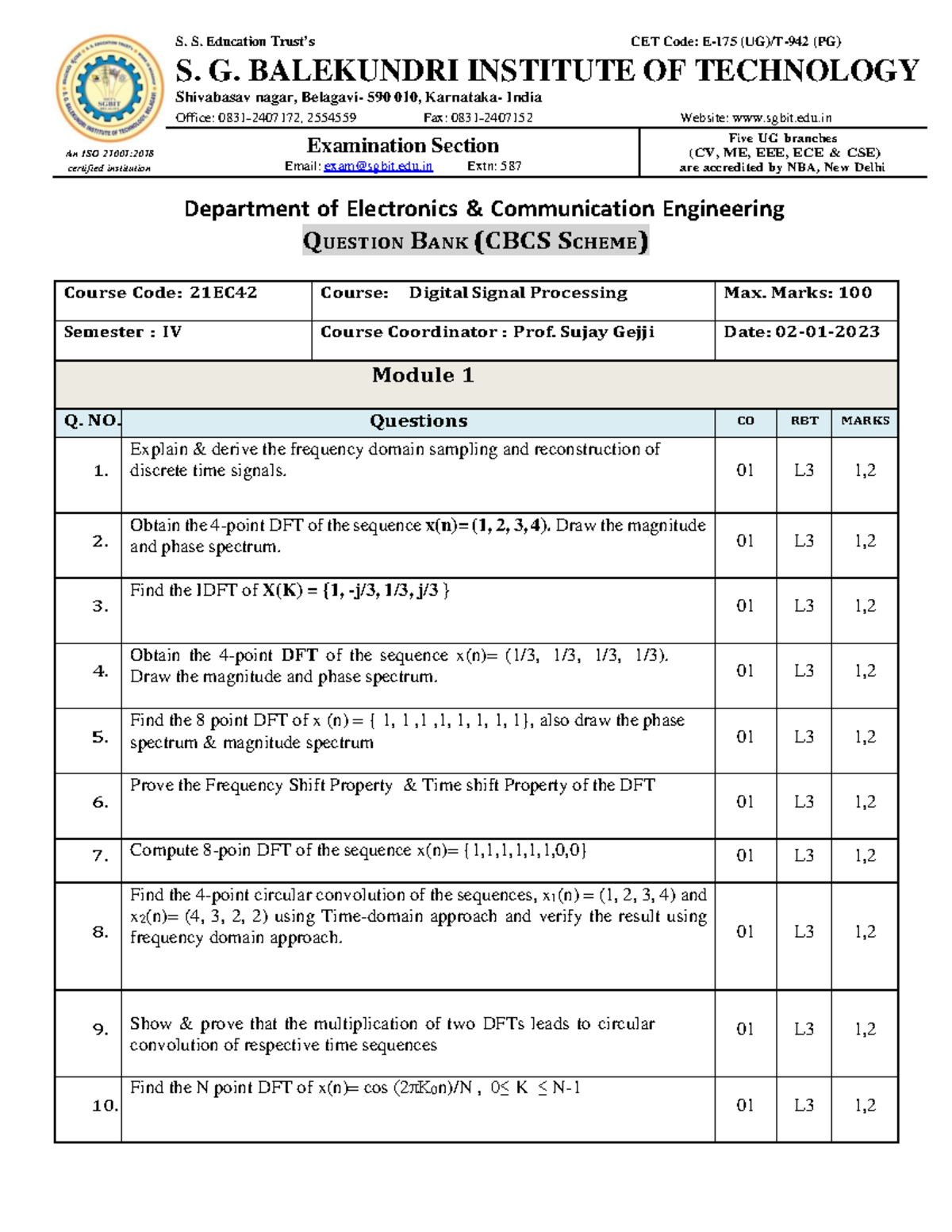 Digital Signal Processing (DSP) Question Bank - Course Code 21EC42 ...