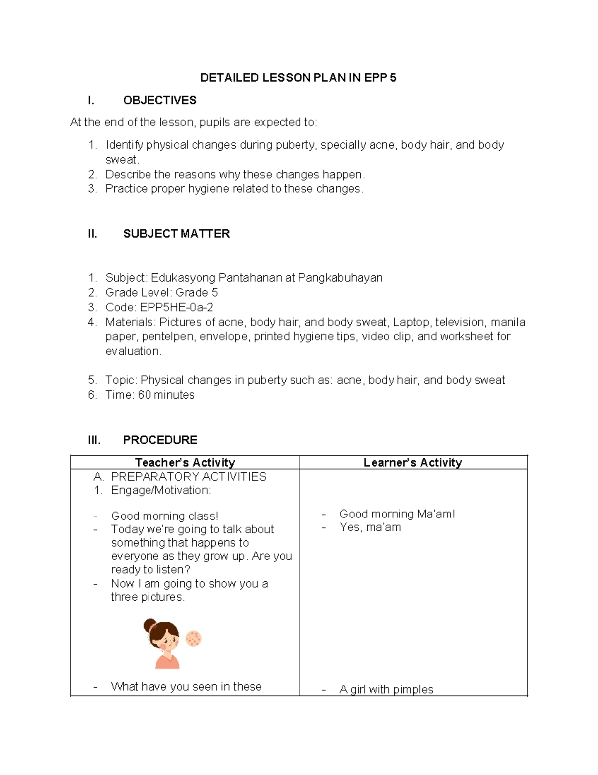 Detailed lesson plan on physical changes during puberty in EPP 5 - Studocu