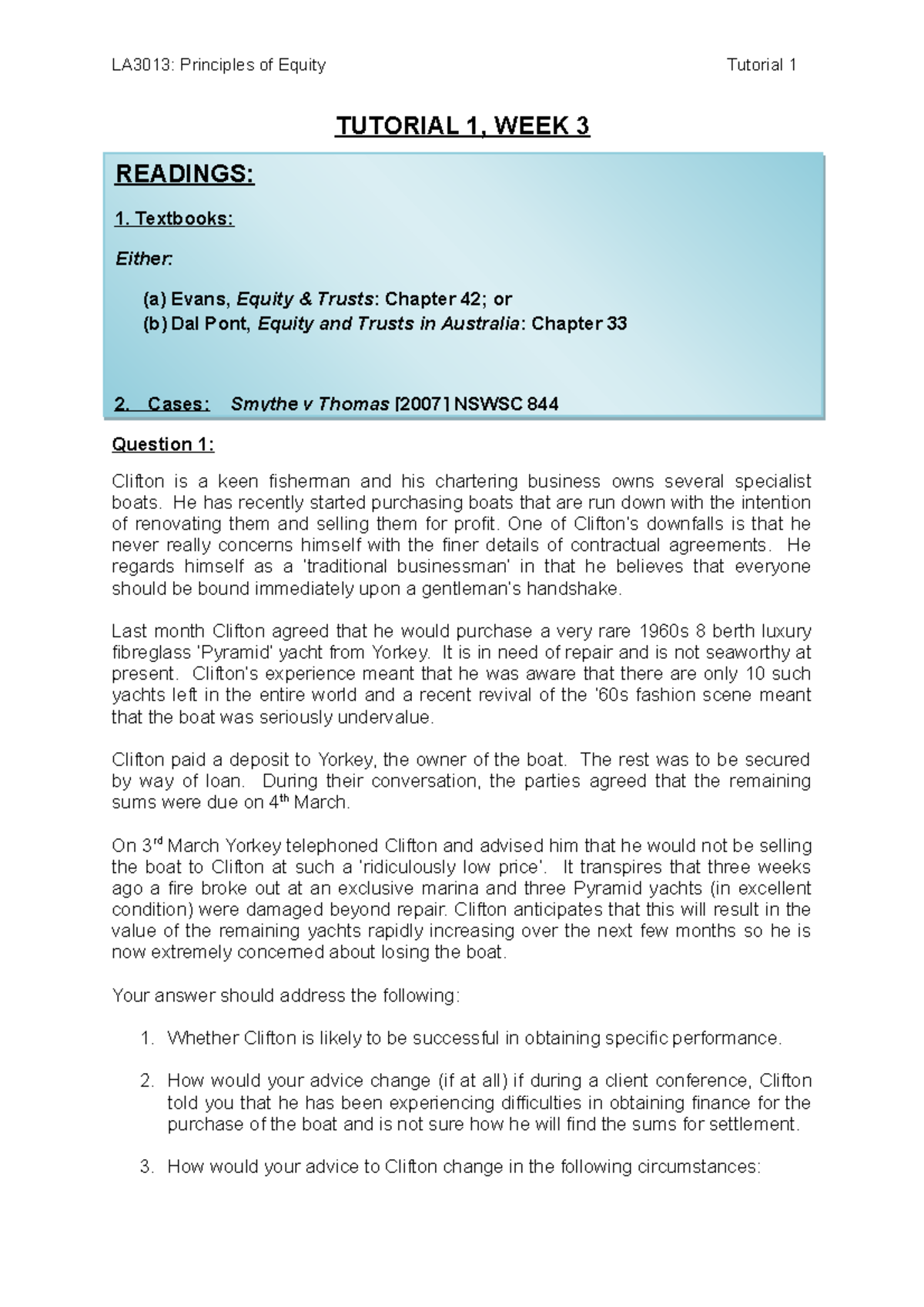 LA3013 Tutorial 1 - LA3013: Principles of Equity Tutorial 1 TUTORIAL 1 ...