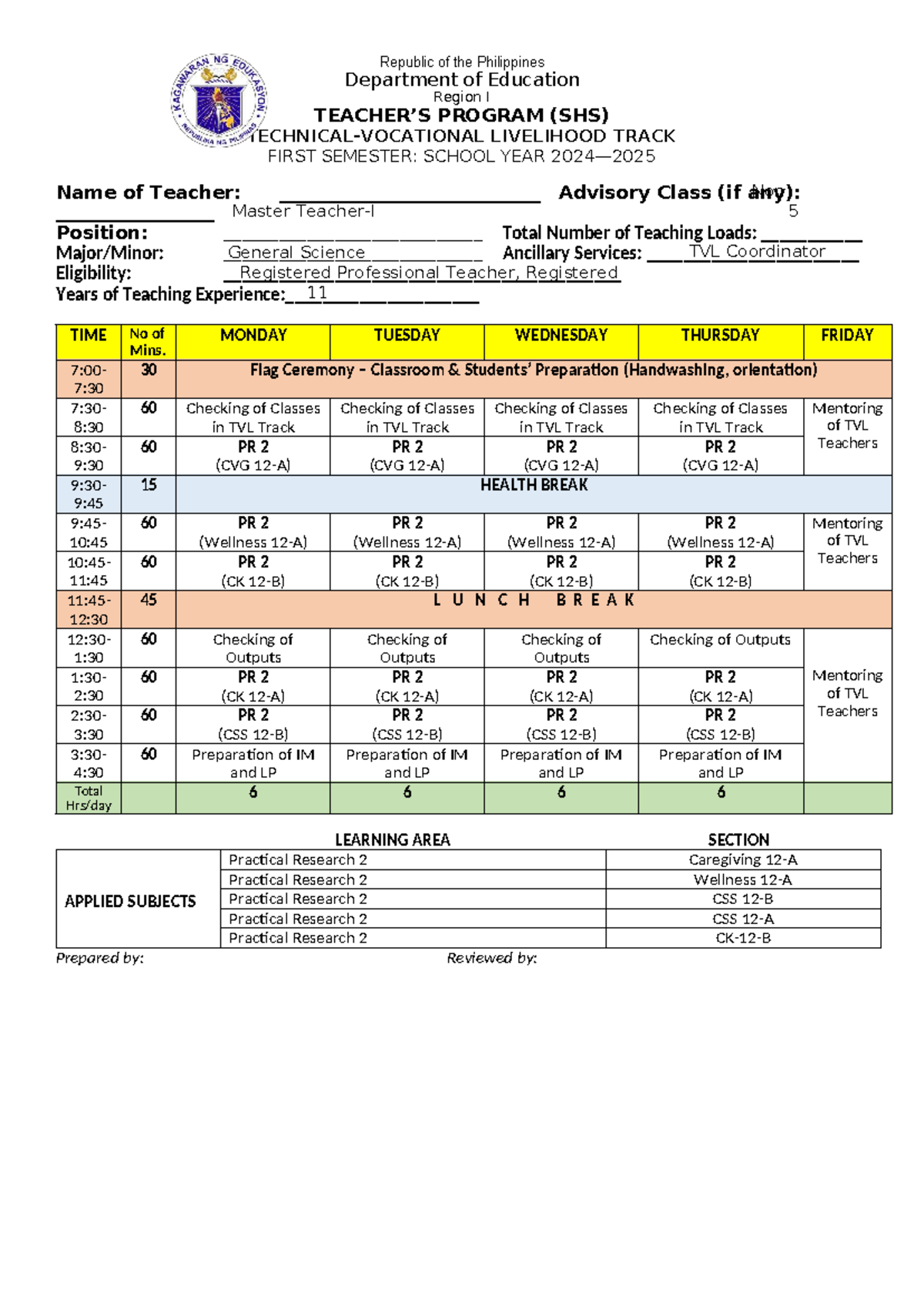 Teachers' Program SY 24-25: 1st Sem Livelihood Track Schedule - Studocu