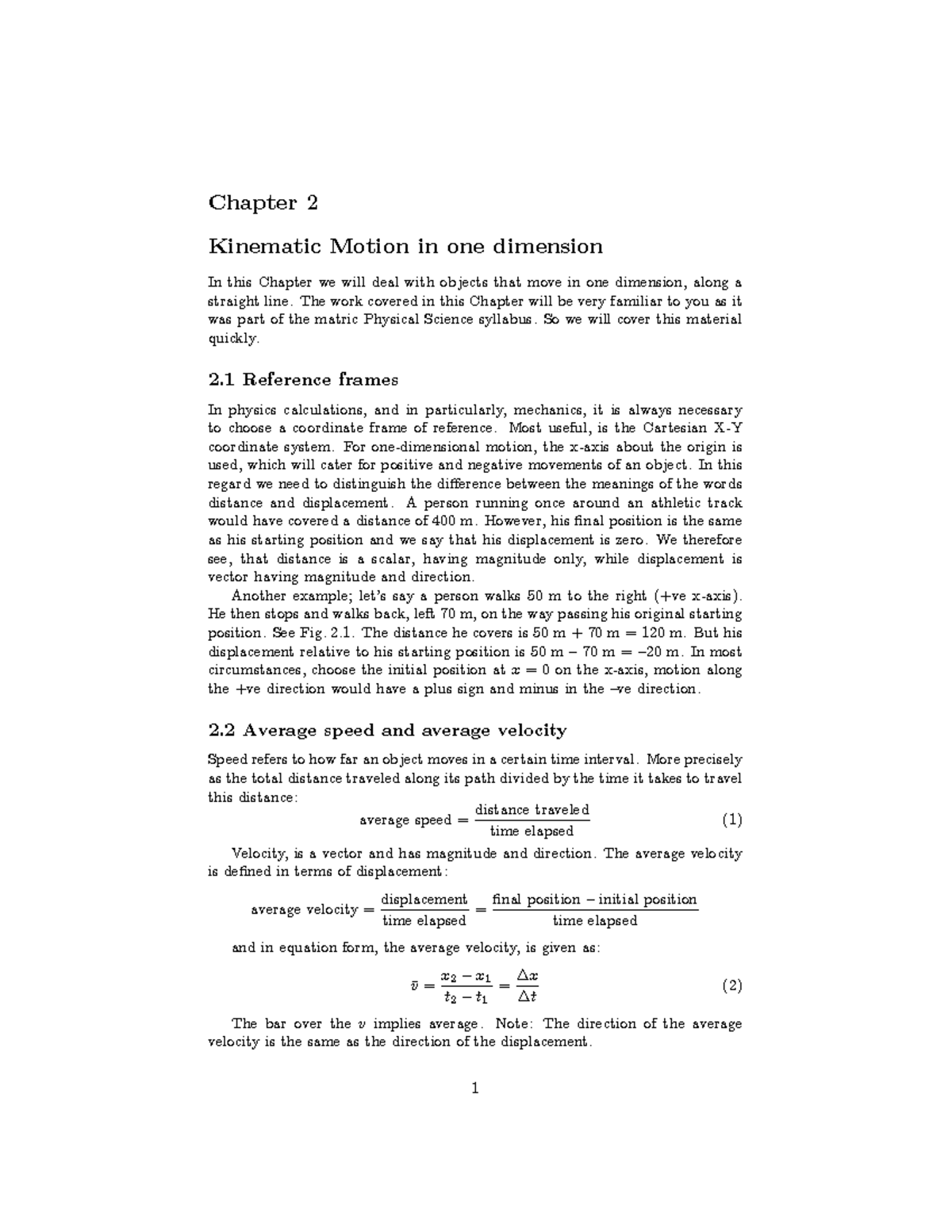 Phys131 Chapter 2: Kinematic Motion in One Dimension Summary - Studocu