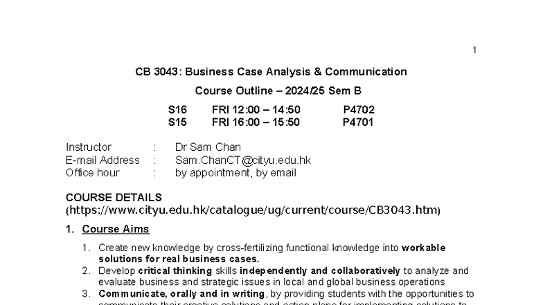 CB 3043: Business Case Analysis Course Outline Sem B 2024-2025 - Studocu