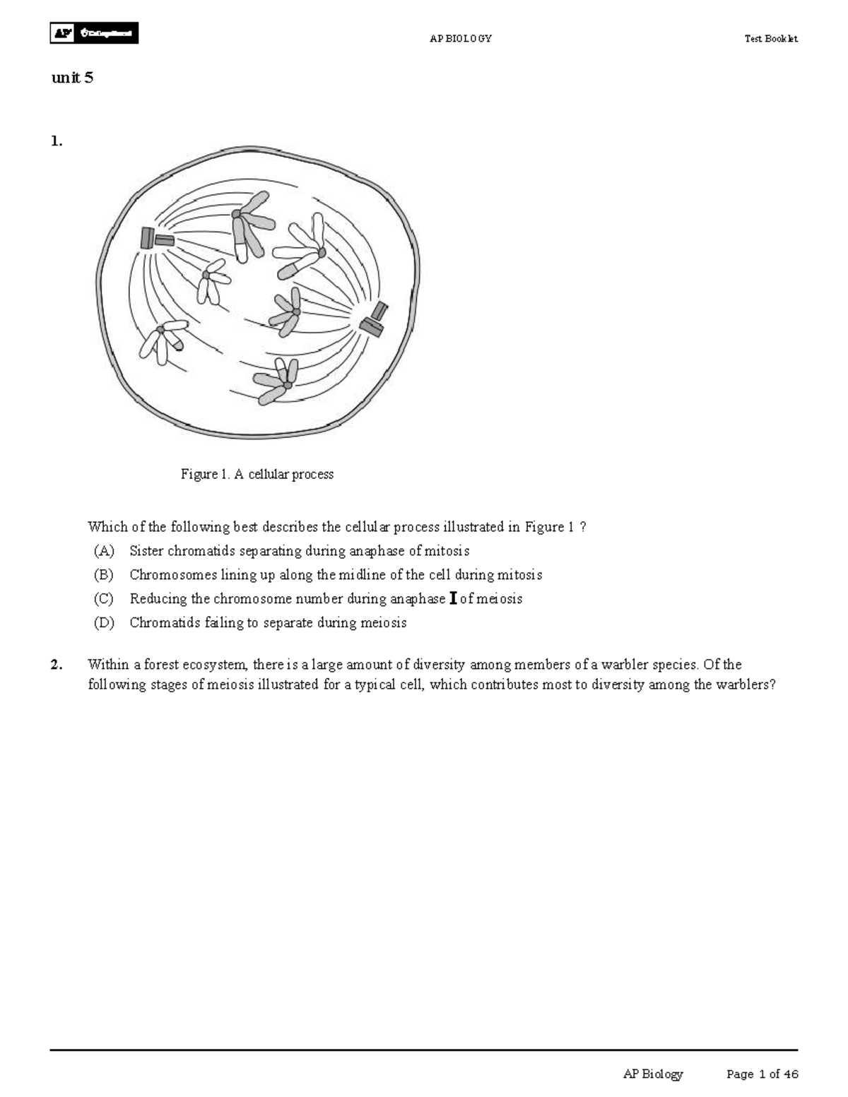 AP BIOLOGY Unit 5 Test Booklet: MCQs on Cellular Processes and Genetics ...