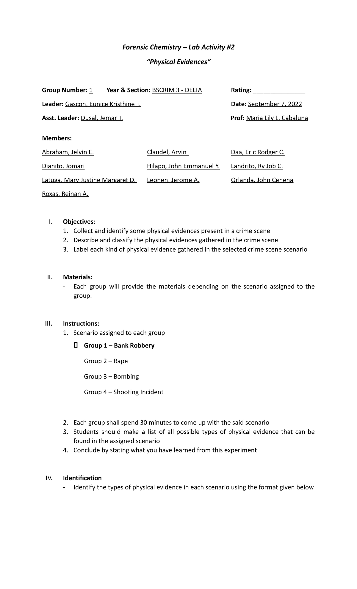 Lab Activity 2 [Group 1] - Forensic Chemistry – Lab Activity