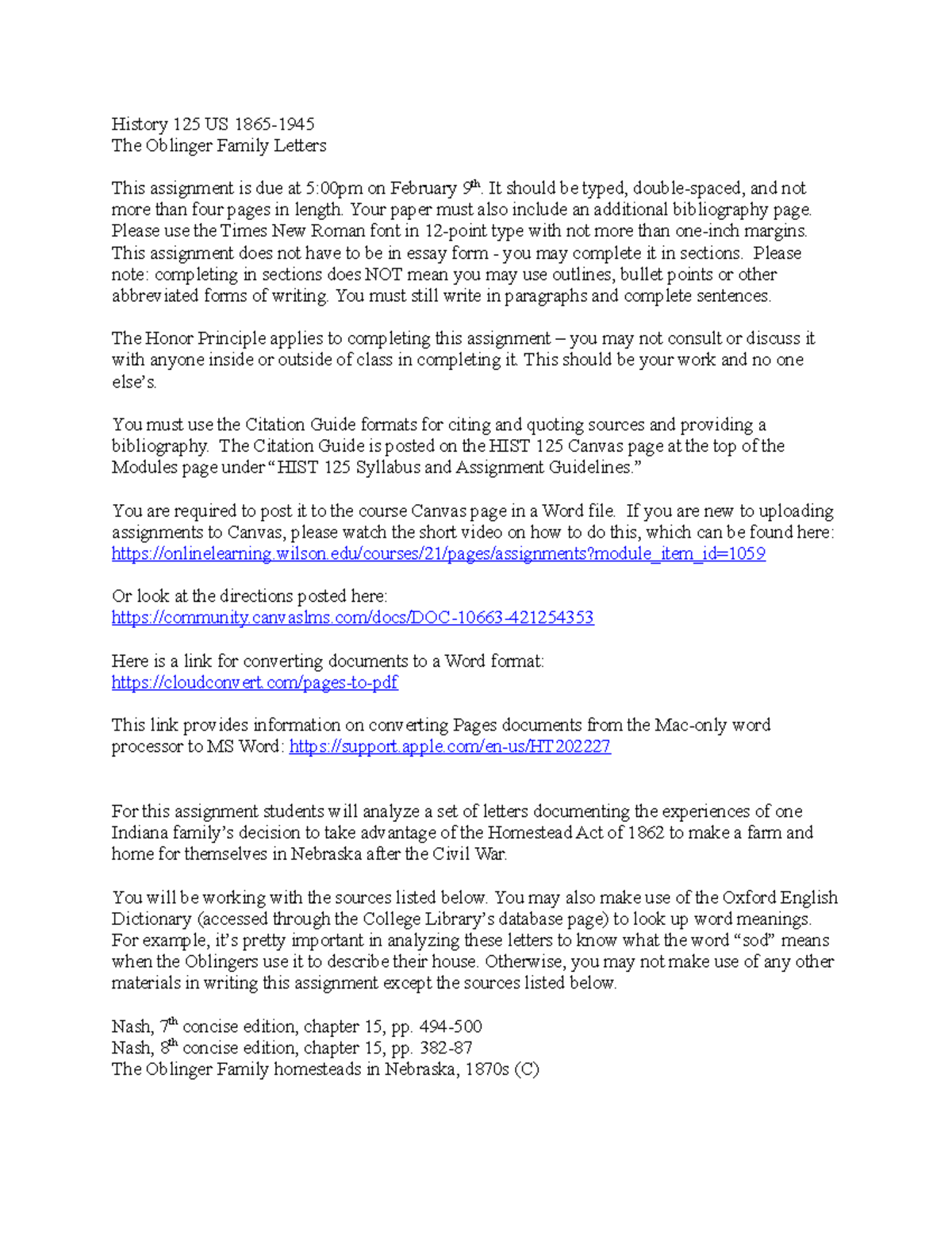 Oblinger Family Letters Assignment S 22 - History 125 US 1865- The ...