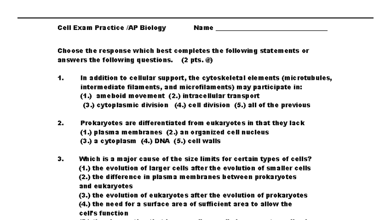 Cell Exam Practice Questions - AP Biology Unit 2 - Studocu