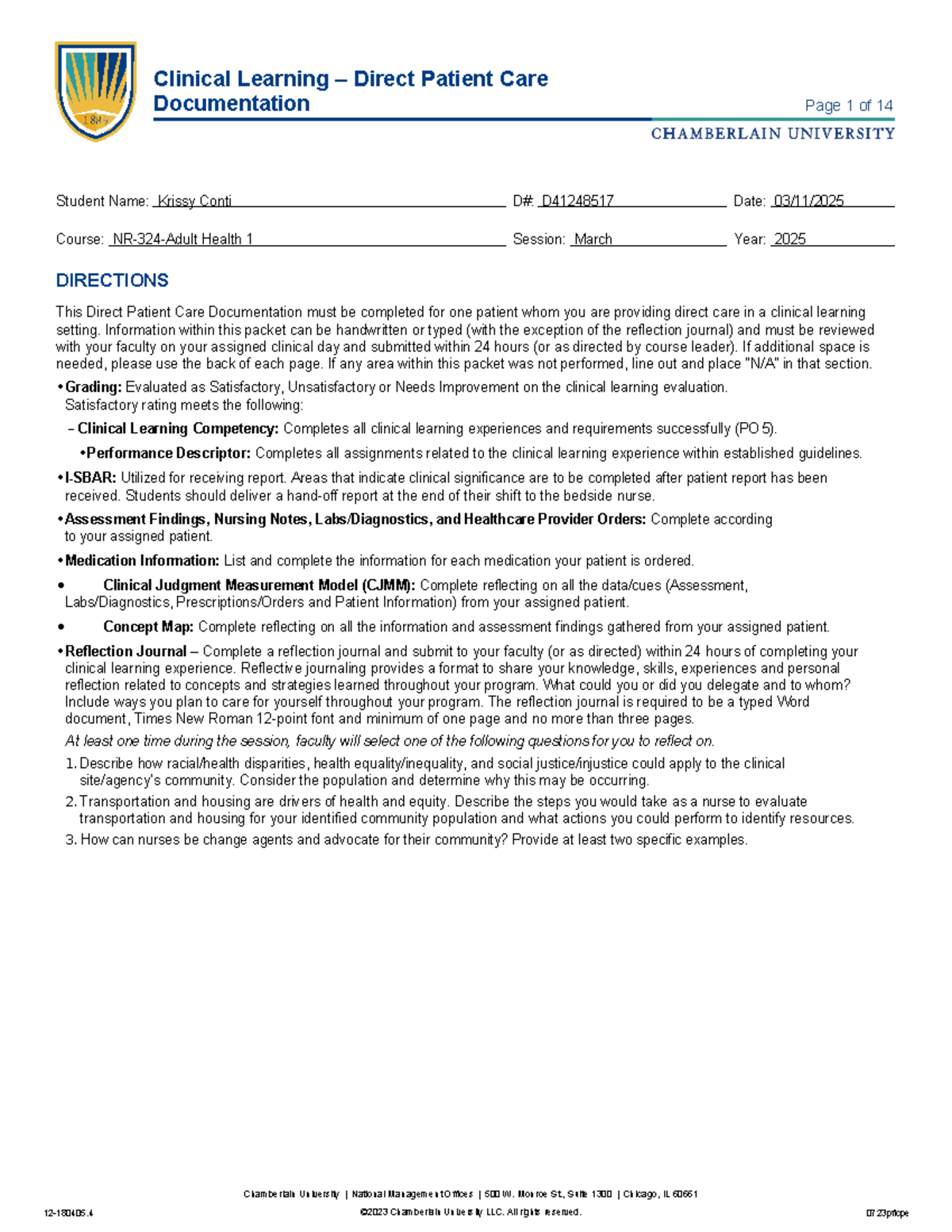 Clinical Learning Direct Patient Care Documentation - Health 1 (March ...