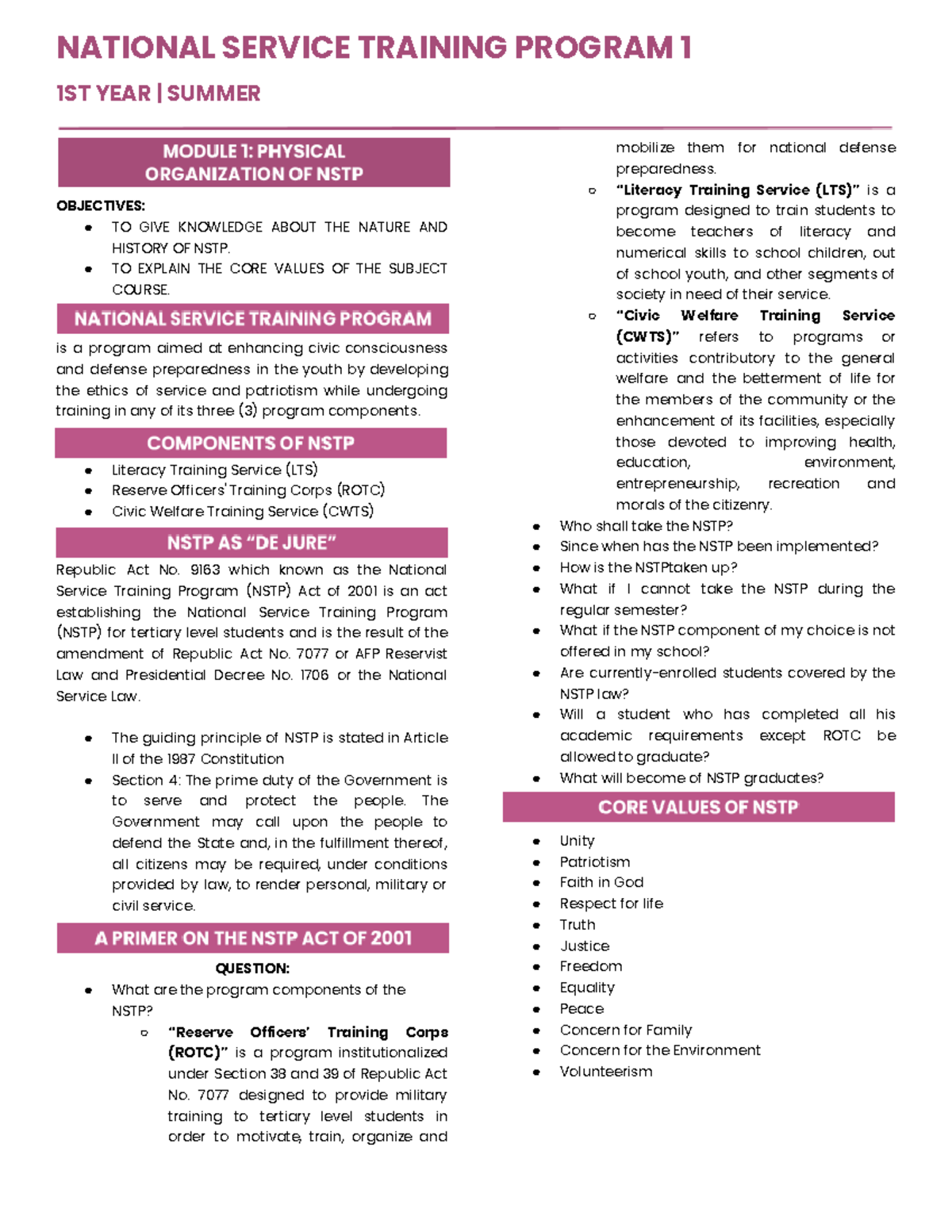 NSTP 1 - Summer Lecture Notes on Ethics, Values, and Health - Studocu