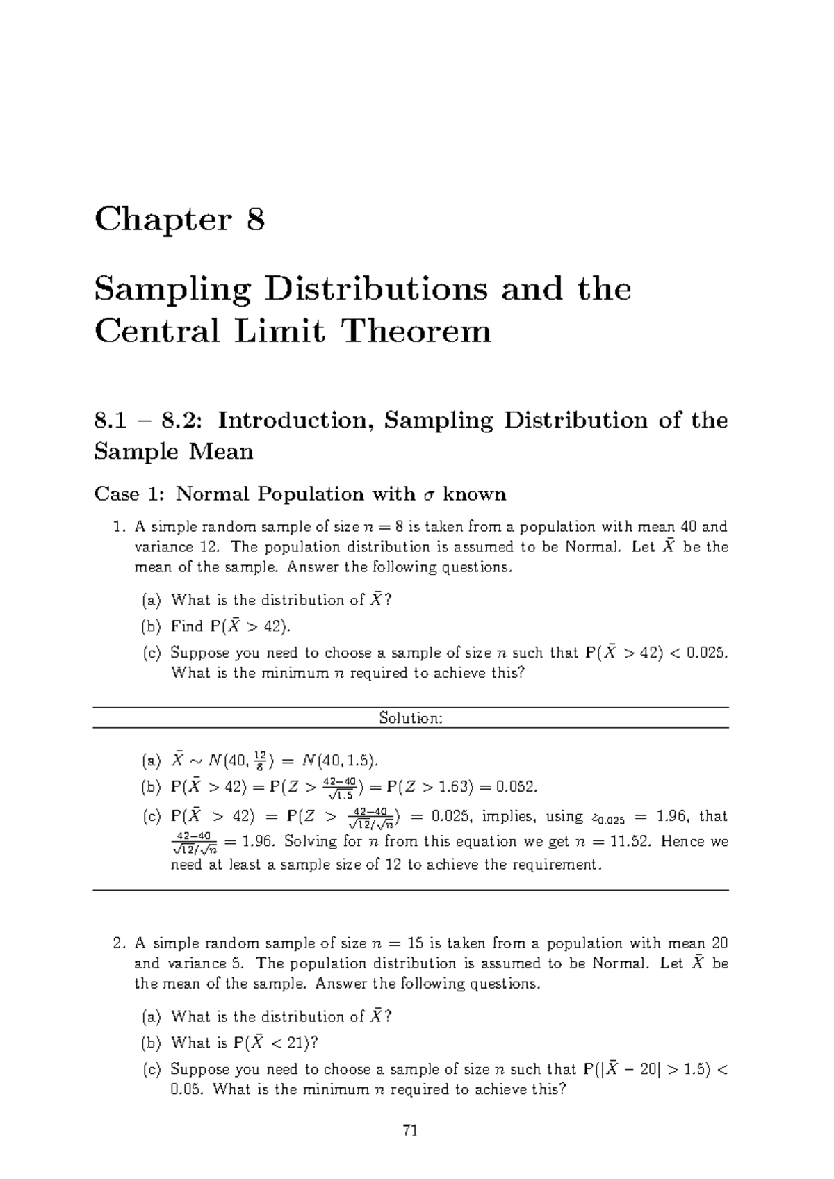 Chapter 8 sampling and clt - Chapter 8 Sampling Distributions and the Central Limit Theorem 8 ...