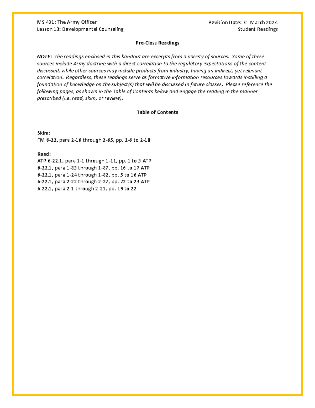 MS 401: The Army Officer Lesson 13 - Developmental Counseling Guide ...